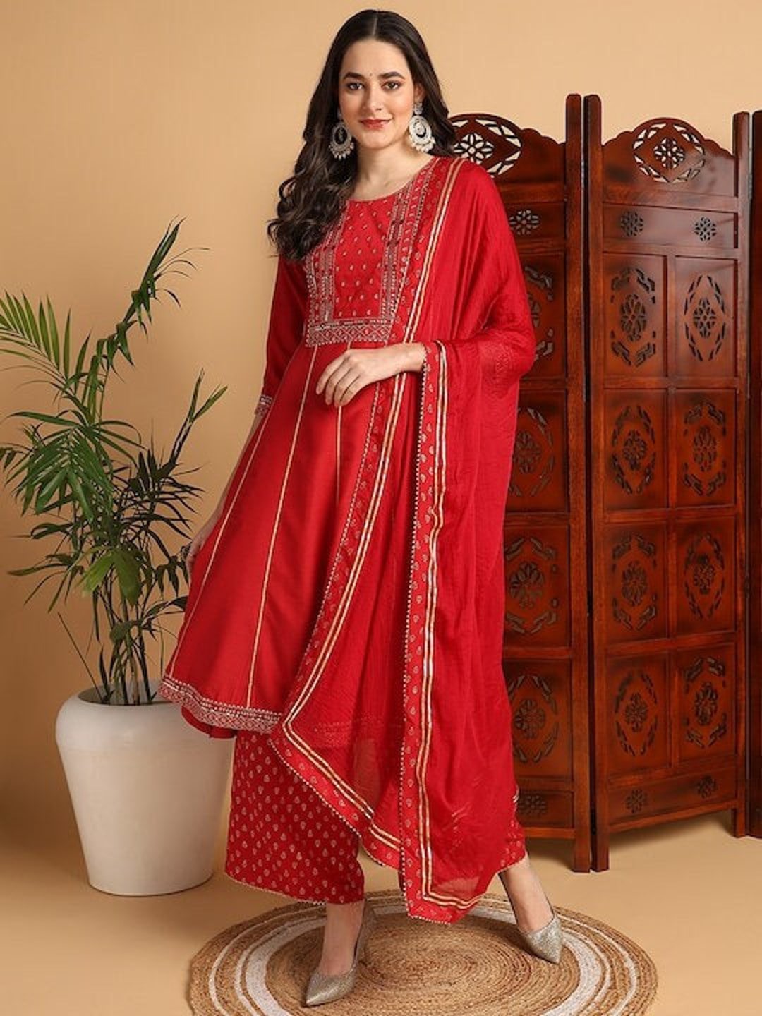 Anarkali Shape Yoke Design Empire Kurta With Palazzos & Dupatta Printed ...