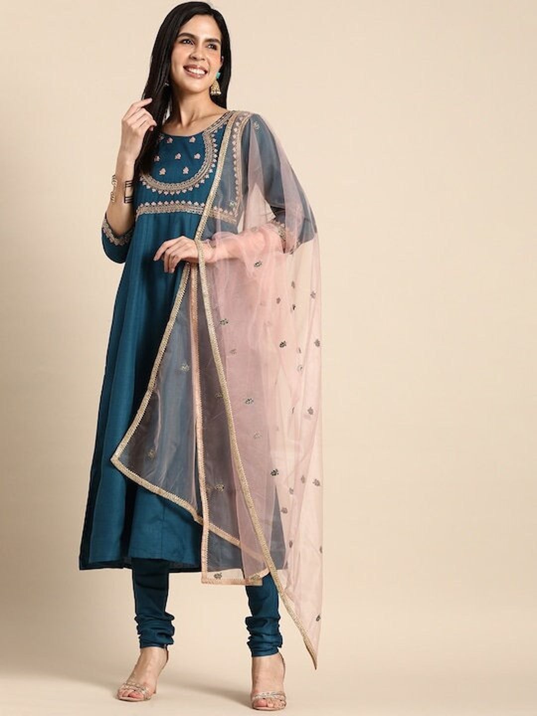 Women Ethnic Motifs Embroidered Thread Work Kurta With Churidar & With ...