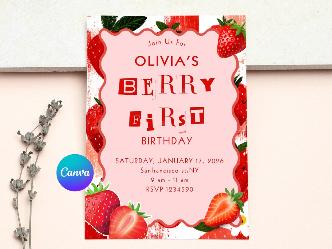 Berry First Birthday Invite, 1st Sweet Strawberry Party Card, Little ...