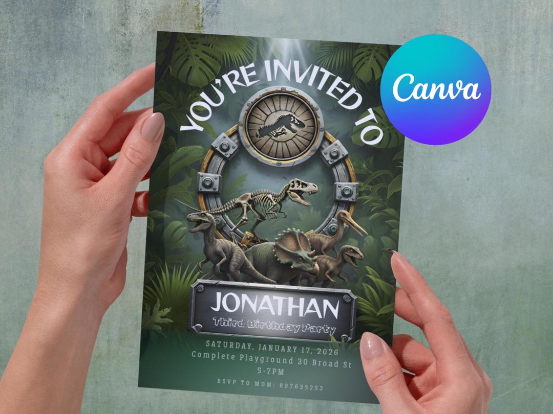 Realistic Dinosaur Birthday Invitation, Dino Party Editable Template, T ...