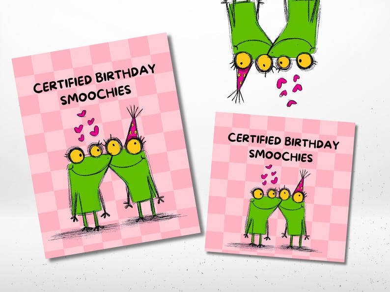 Editable Funny Frog Couple Birthday Card, Pink Smooches Couple ...
