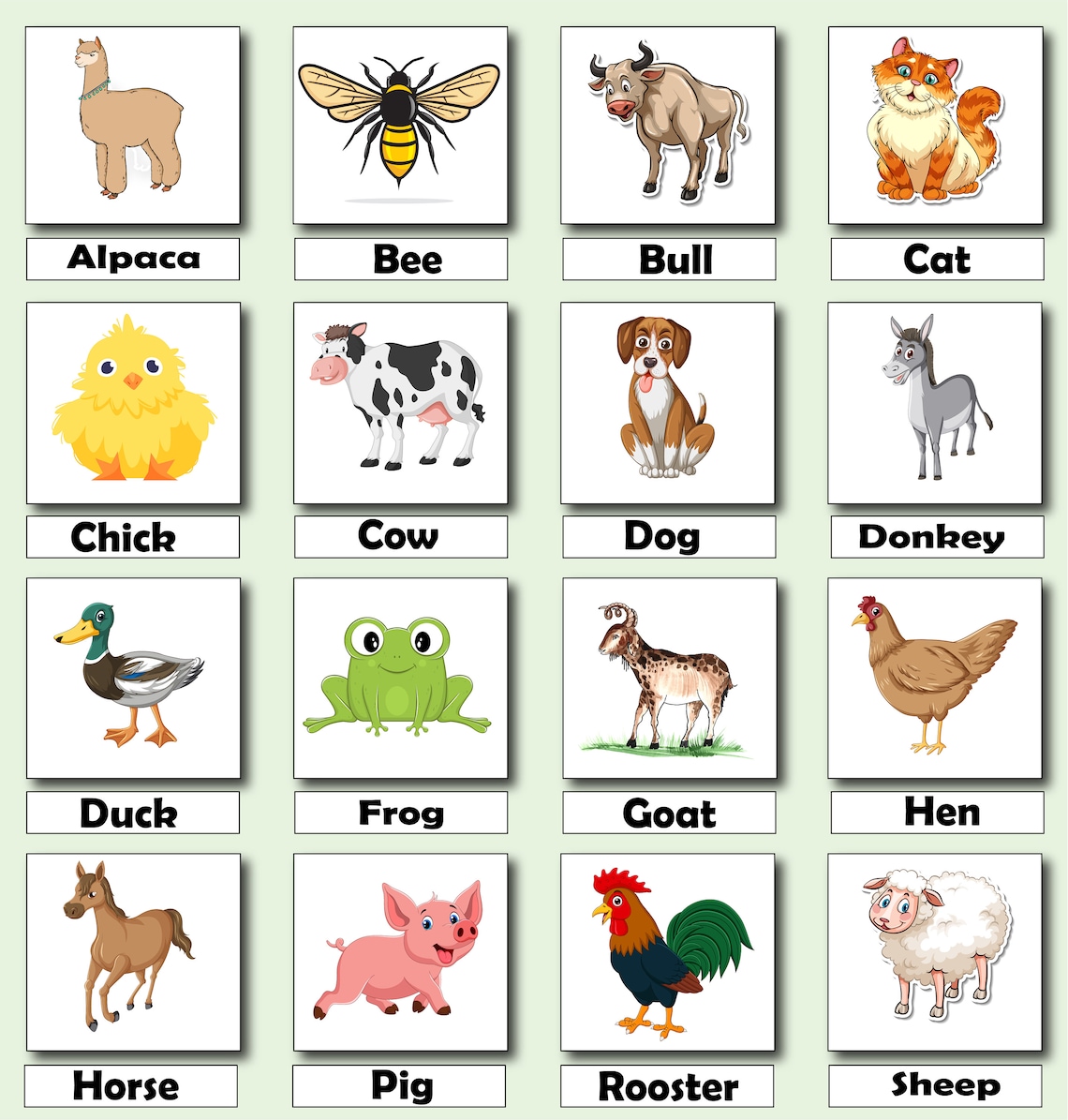 16 Farm Animals Flash Cards, Montessori Flashcards, Educational Cards ...