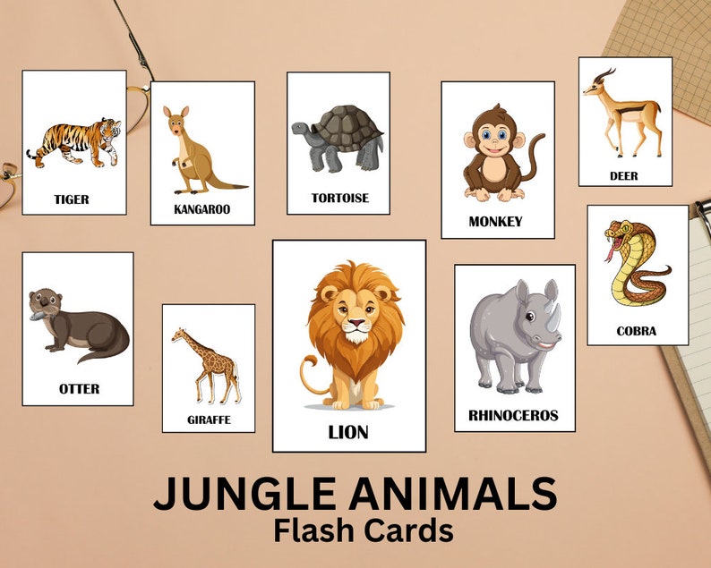 16 JUNGLE ANIMALS Flash Cards, Montessori Cards, Educational Cards ...