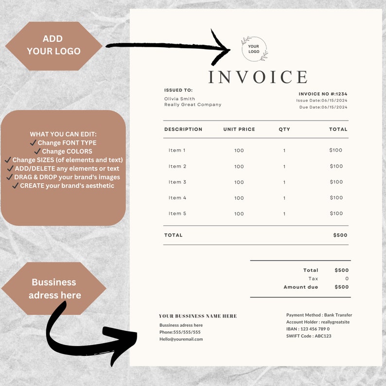 Invoice Template - Business Invoice, Client Invoice, Editable Template ...