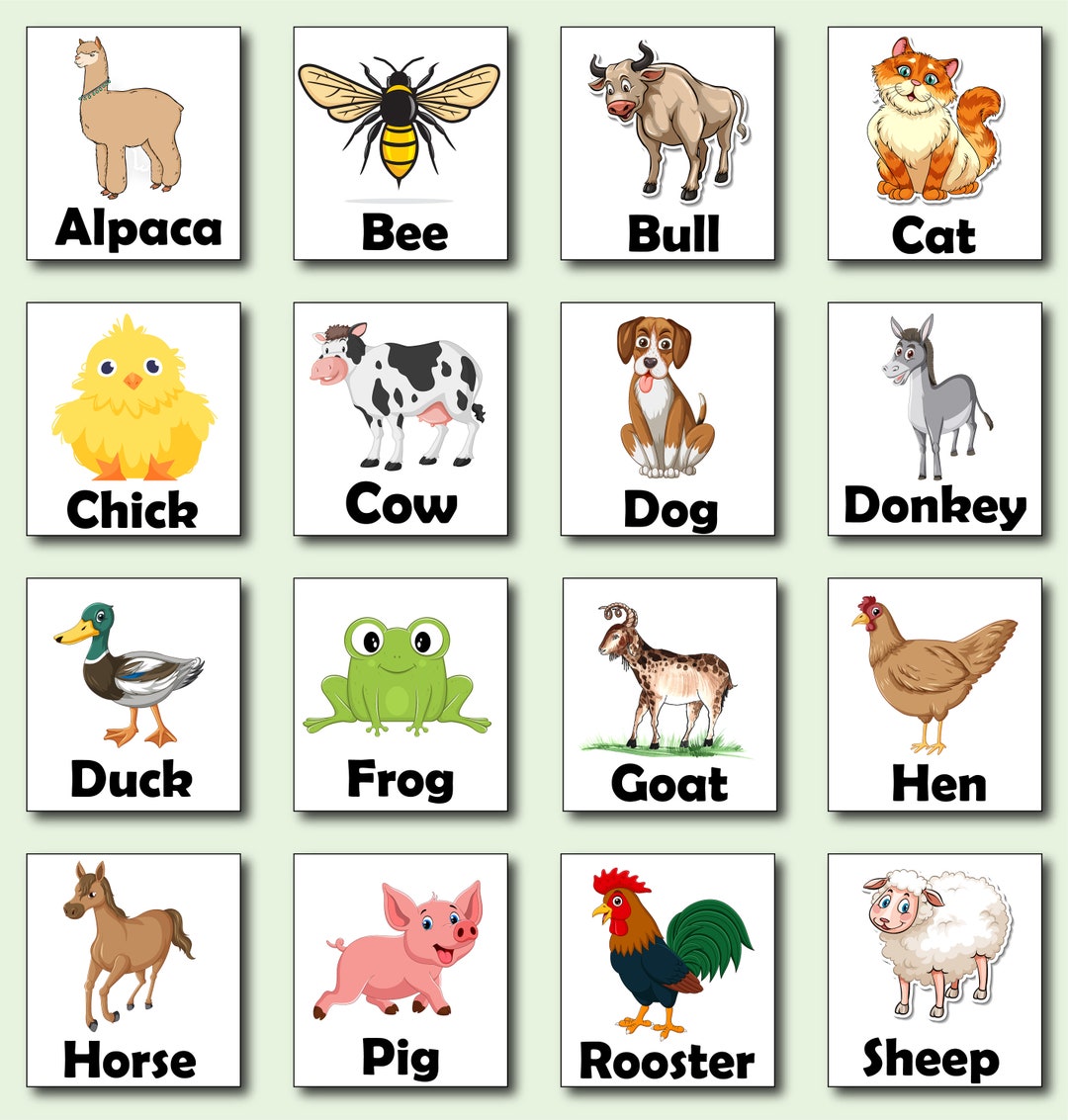 16 Farm Animals Flash Cards, Montessori Flashcards, Educational Cards ...