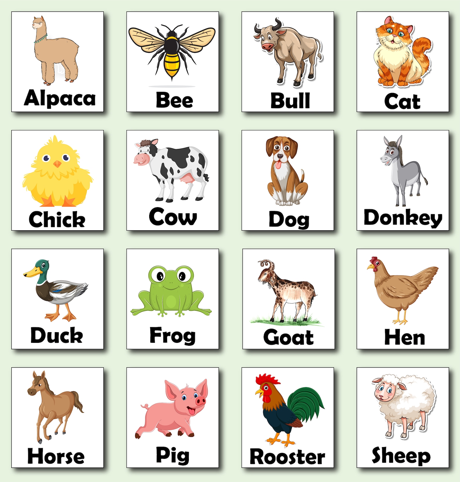 16 Farm Animals Flash Cards, Montessori Flashcards, Educational Cards ...
