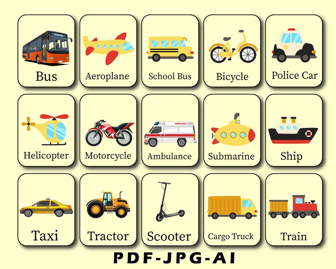 VEHICLES BUNDLE Flash Cards, Learning Transportation Flashcards for Toddlers to Kindergarten ...