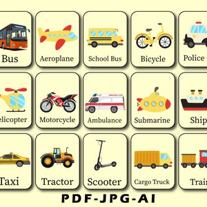 VEHICLES BUNDLE Flash Cards, Learning Transportation Flashcards for ...