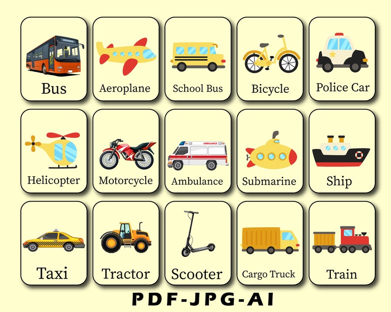 VEHICLES BUNDLE Flash Cards, Learning Transportation Flashcards for ...