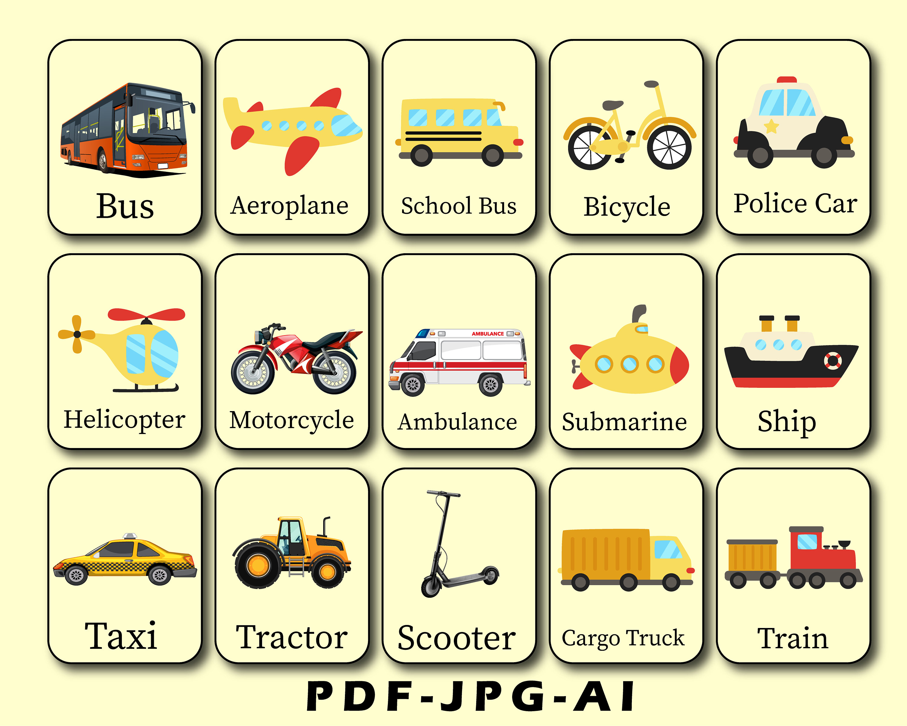 VEHICLES BUNDLE Flash Cards, Learning Transportation Flashcards for ...
