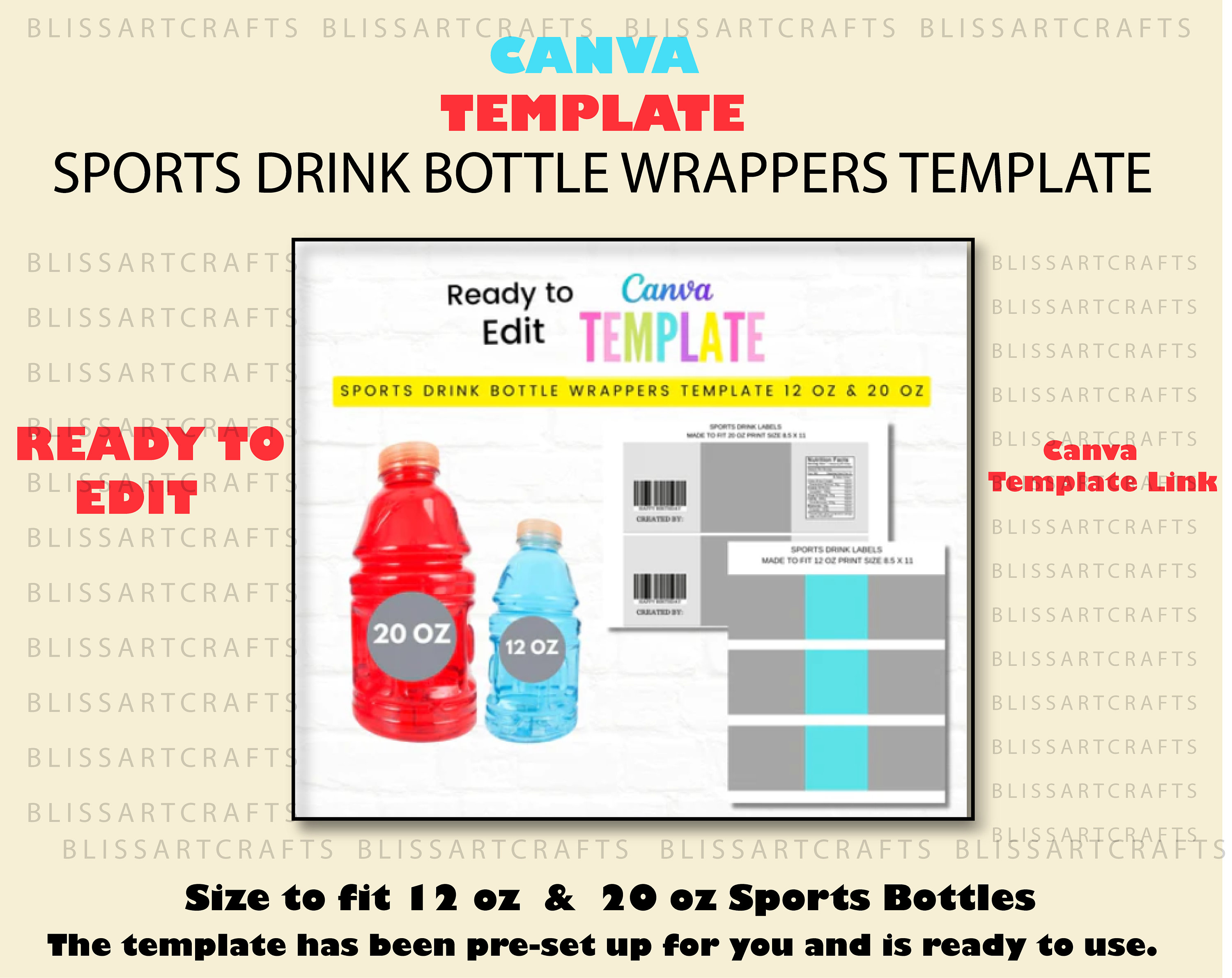 Sports Drink Bottle Label Template: 12oz & 20oz Canva Wrappers (digital ...