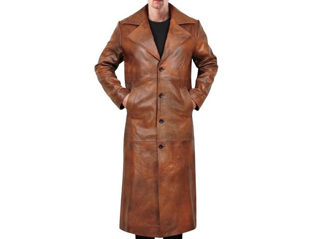 Men's Leather Duster Coat/ Brown Distressed Leather Overcoat/ Handmade ...