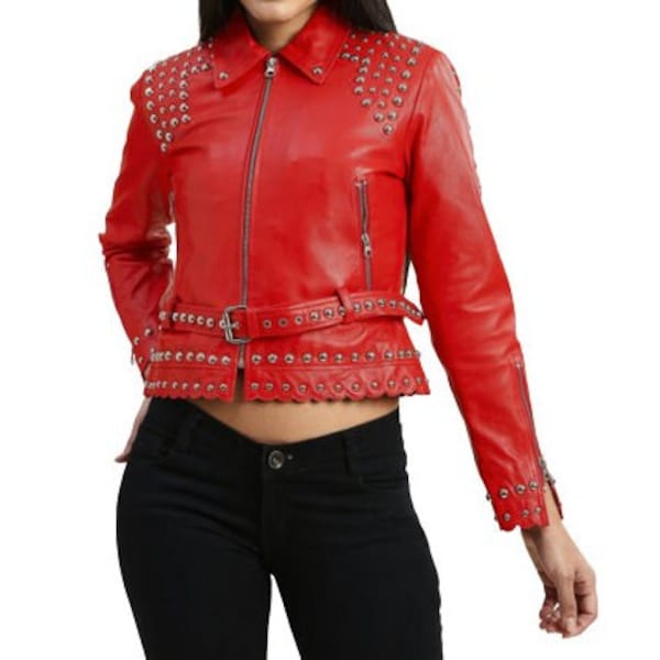 Red Leather Spike Jacket - Etsy