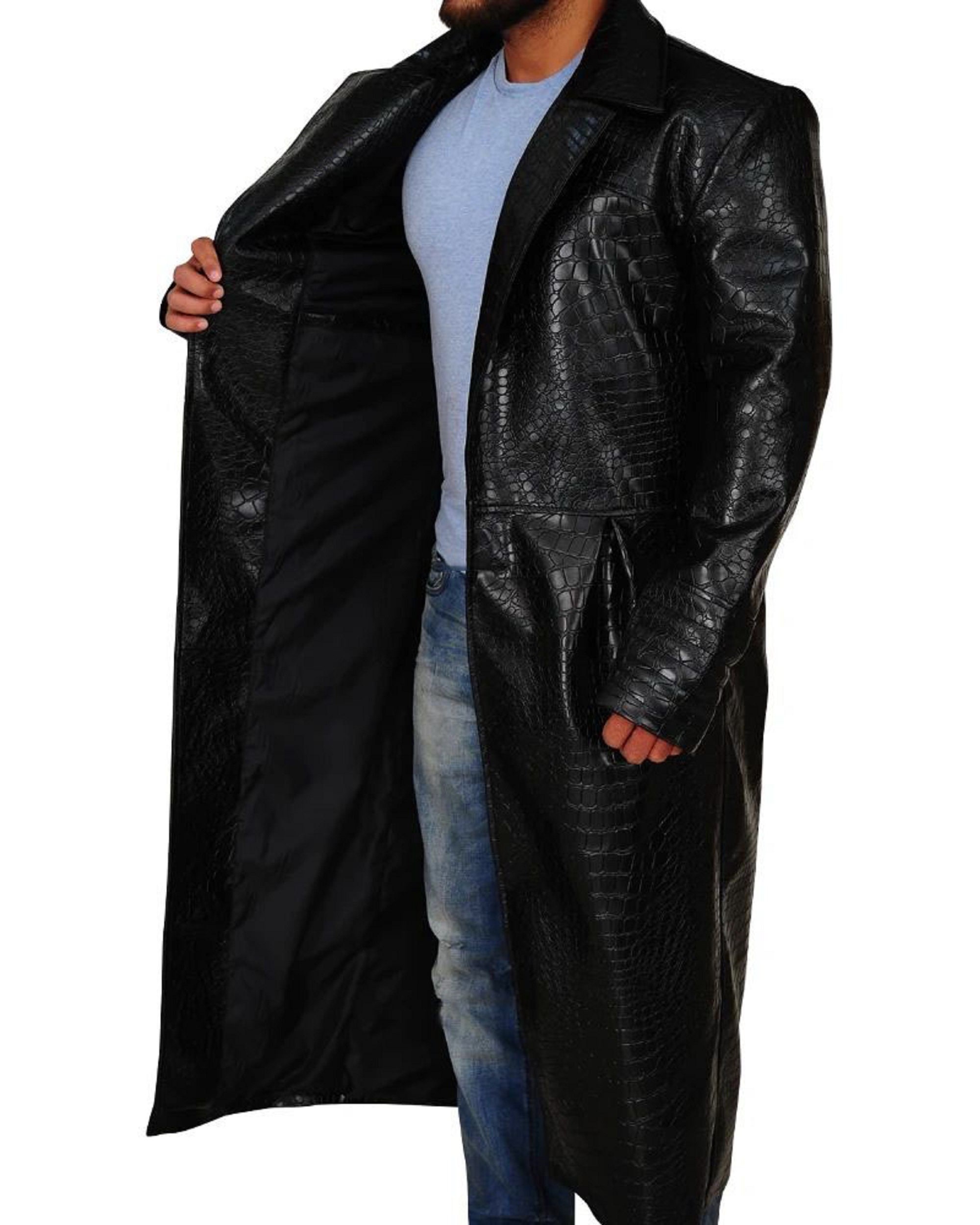 Men's Black Crocodile Faux Leather Trench Coat Crocodile Long Coat ...