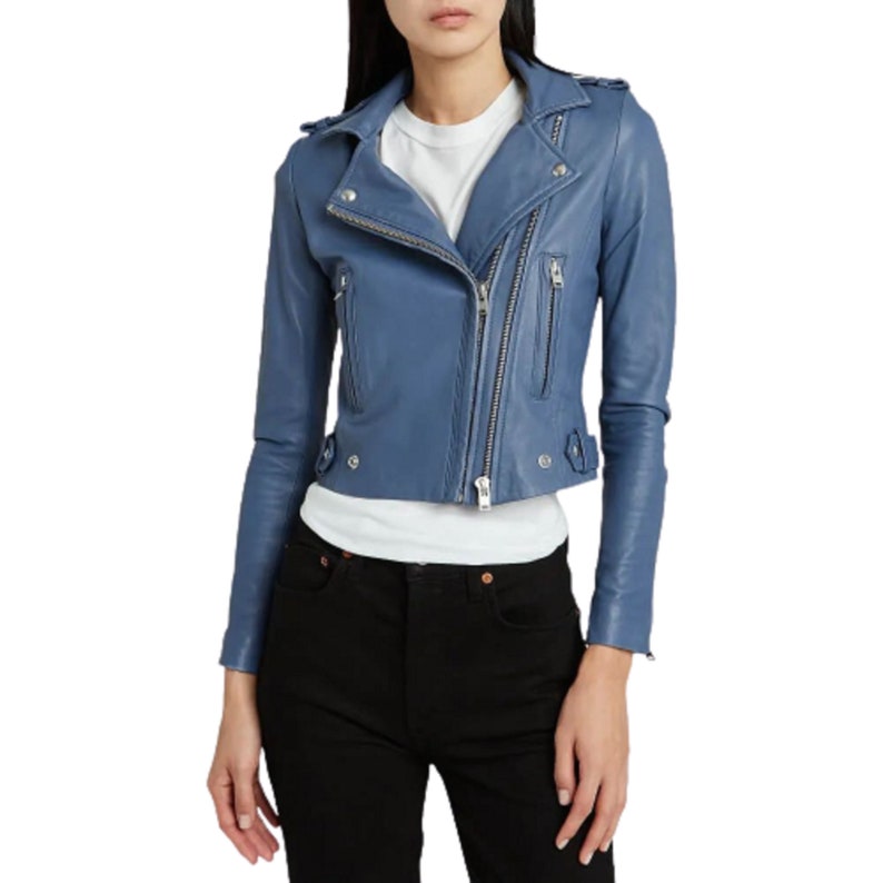 Women's Blue Leather Motorcycle Jacket: Fitted Crop Biker Jacket - Etsy