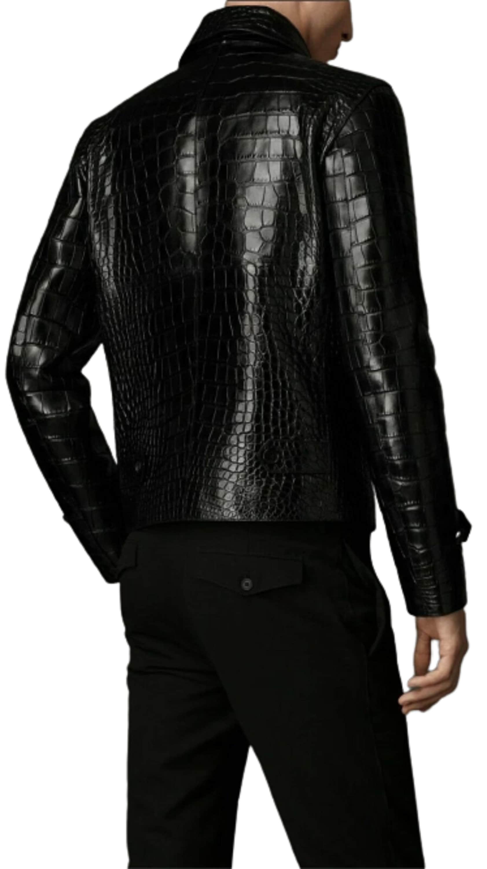 Men's Crocodile Leather Jacket/ Black Faux Alligator Leather Jacket ...