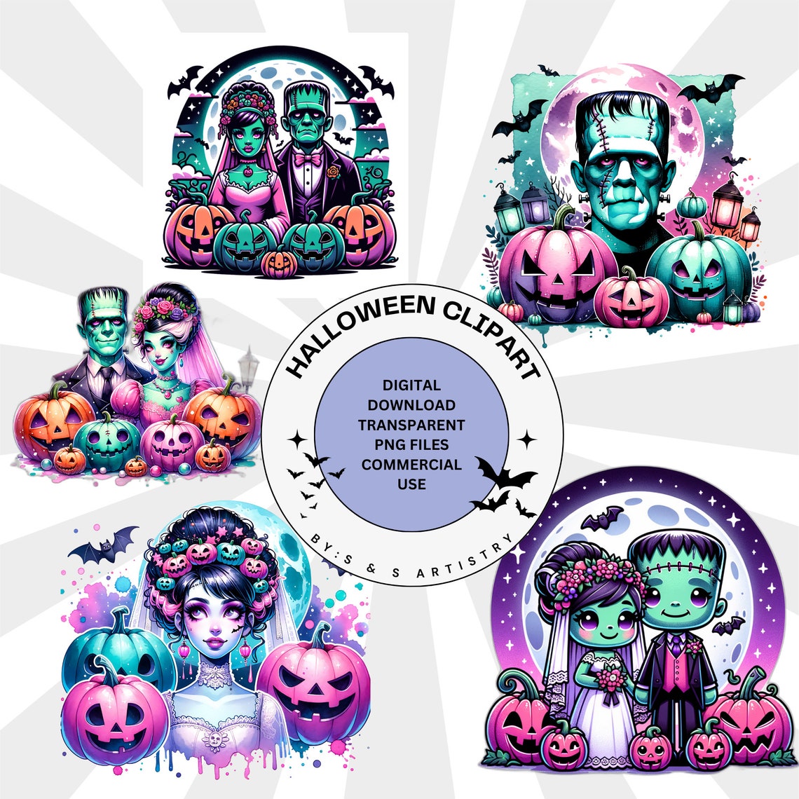 Frankenstein & Bride - PNG Digital Download - Commercial Use Clip Art ...