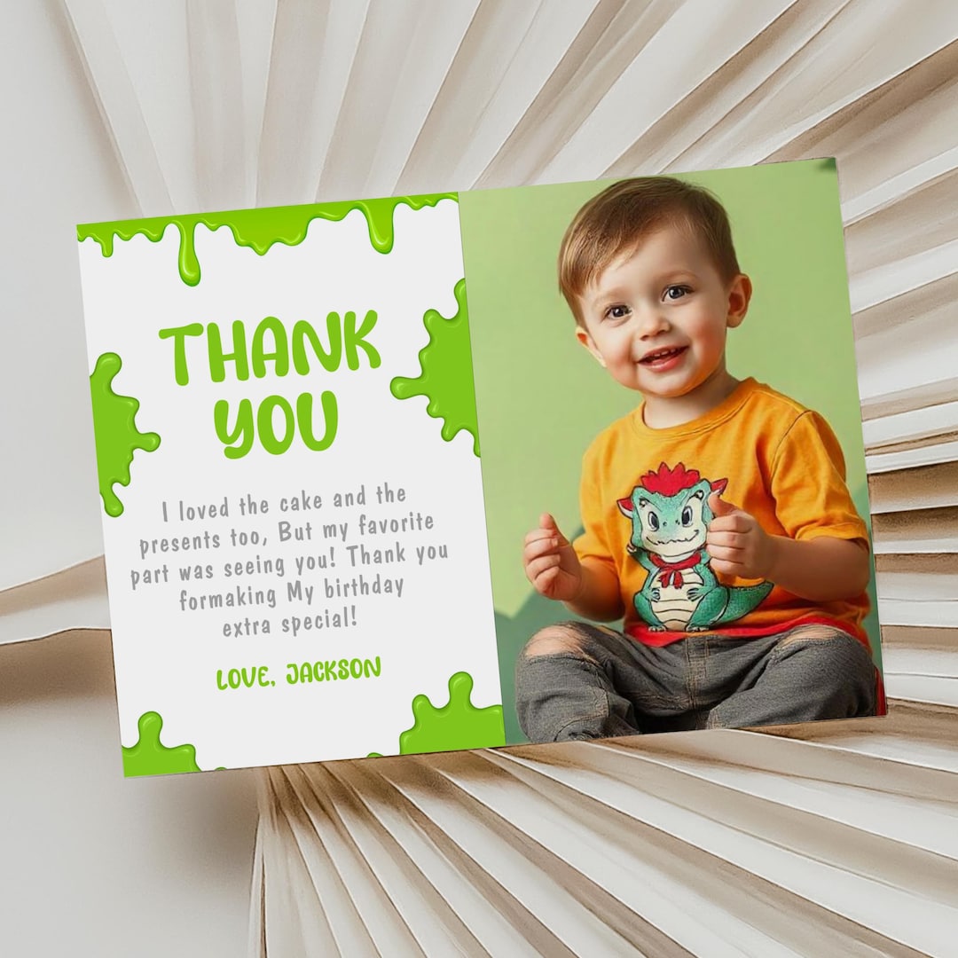 Slime Birthday Thank You Card With Photo Boy Slime Party Thank You Card ...