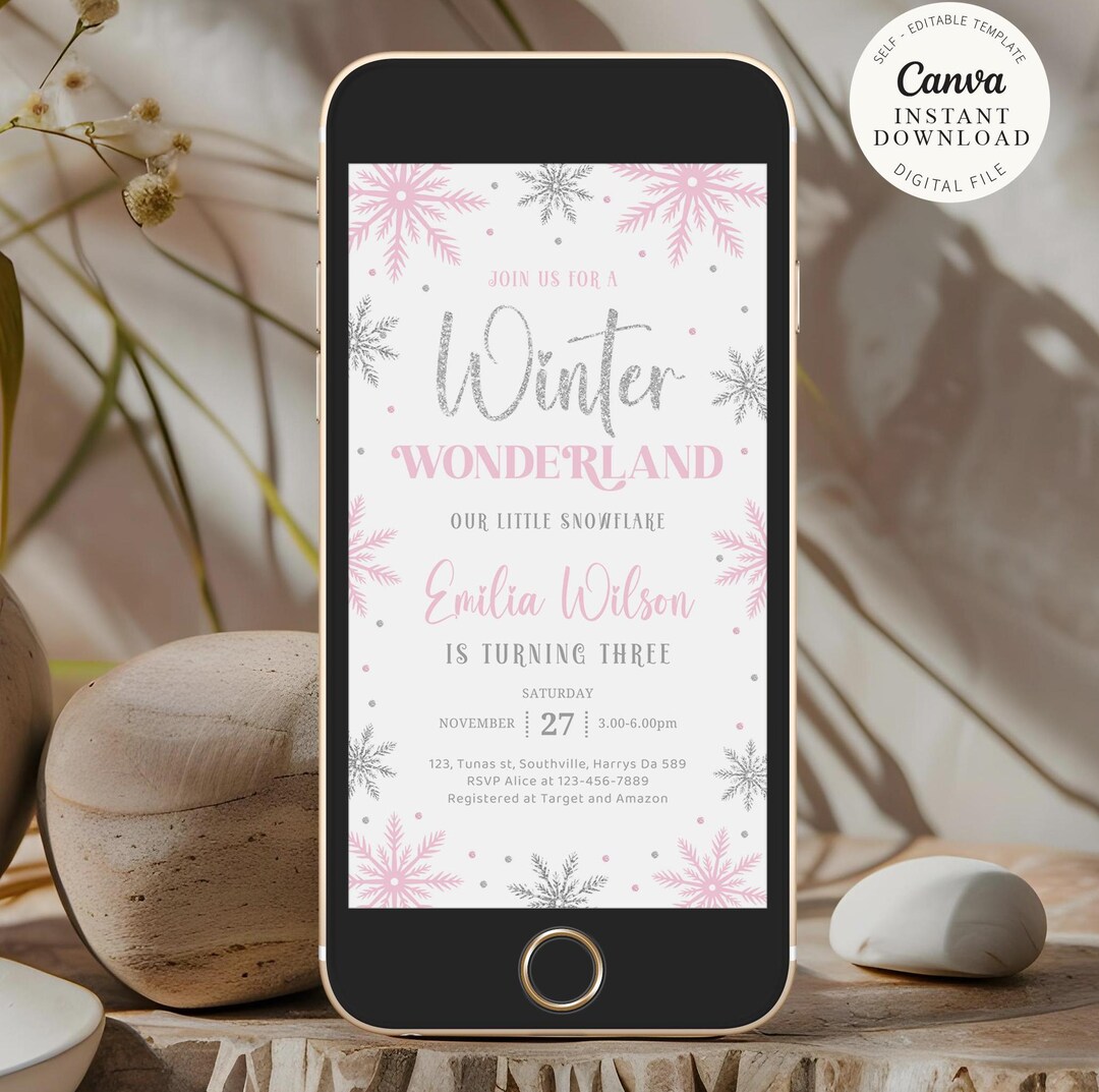 Editable WINTER Wonderland Invitation, Pink Silver Phone Invite, Girl ...