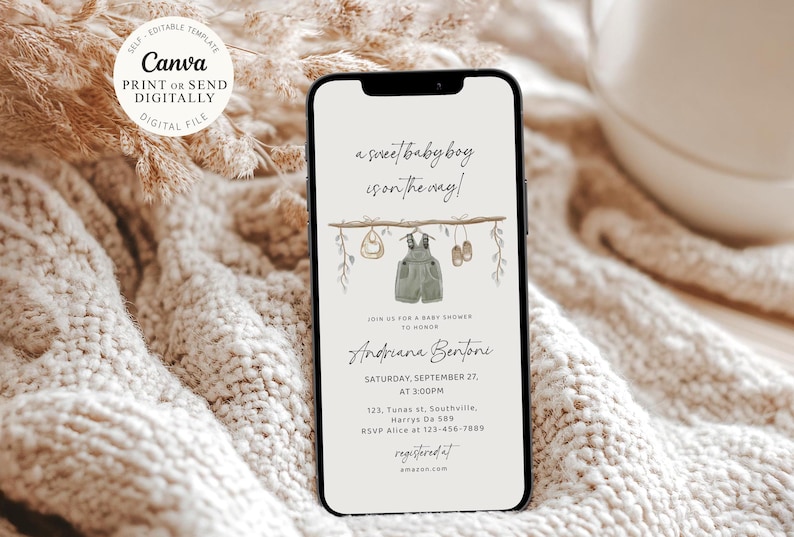 Boy Baby Shower Text Message Invitation, Boho Clothes Design (digital ...