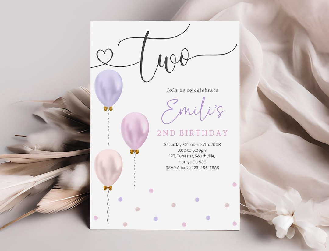 Girl Second Birthday Invitation Editable, Two Birthday Invite, Gold Bow ...