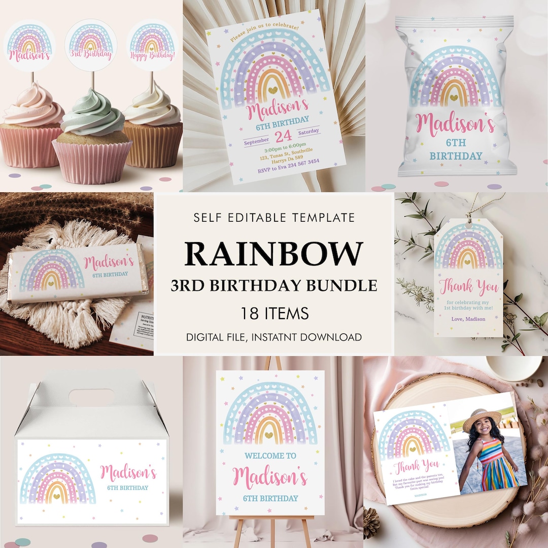 Pastel RAINBOW PARTY Package Instant Download Watercolor Rainbow Party ...