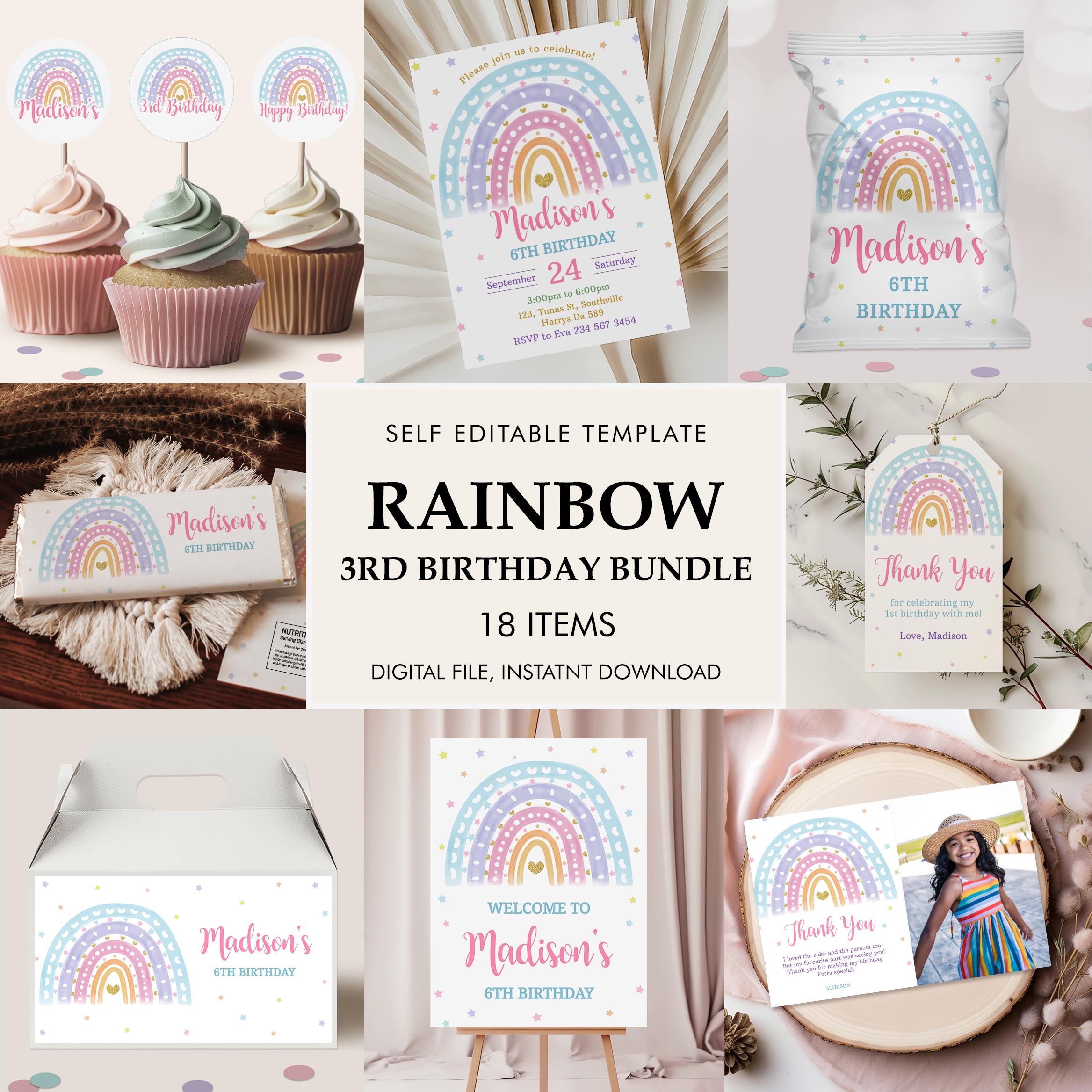 Pastel RAINBOW PARTY Package Instant Download Watercolor Rainbow Party Bundle Editable Rainbow ...