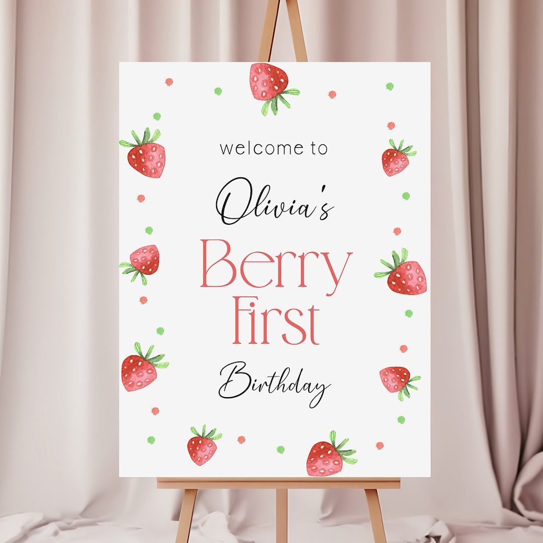 Berry First Birthday Welcome Sign Template, Editable Strawberry ...