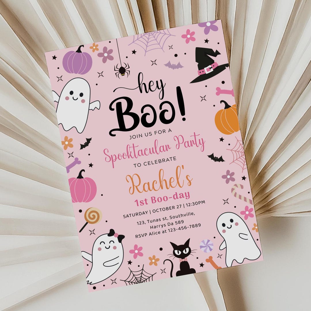 Halloween Pink Ghost Birthday Invitation Hey Boo Ghost Party ...
