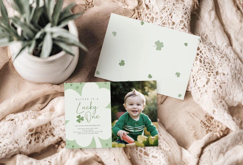 Lucky One First Birthday Invitation Photo St Patrick's Day Shamrocks ...