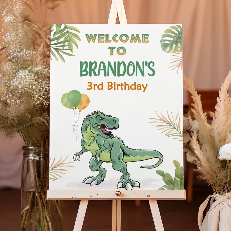 Three Rex Birthday Welcome Sign, Dinosaur Party Decor (editable ...