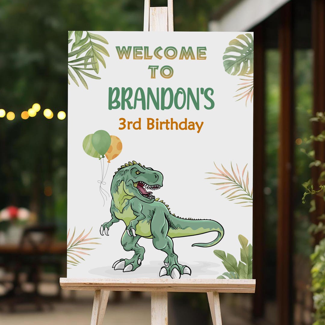 Three Rex Birthday Welcome Sign, Dinosaur Party Decor (editable ...