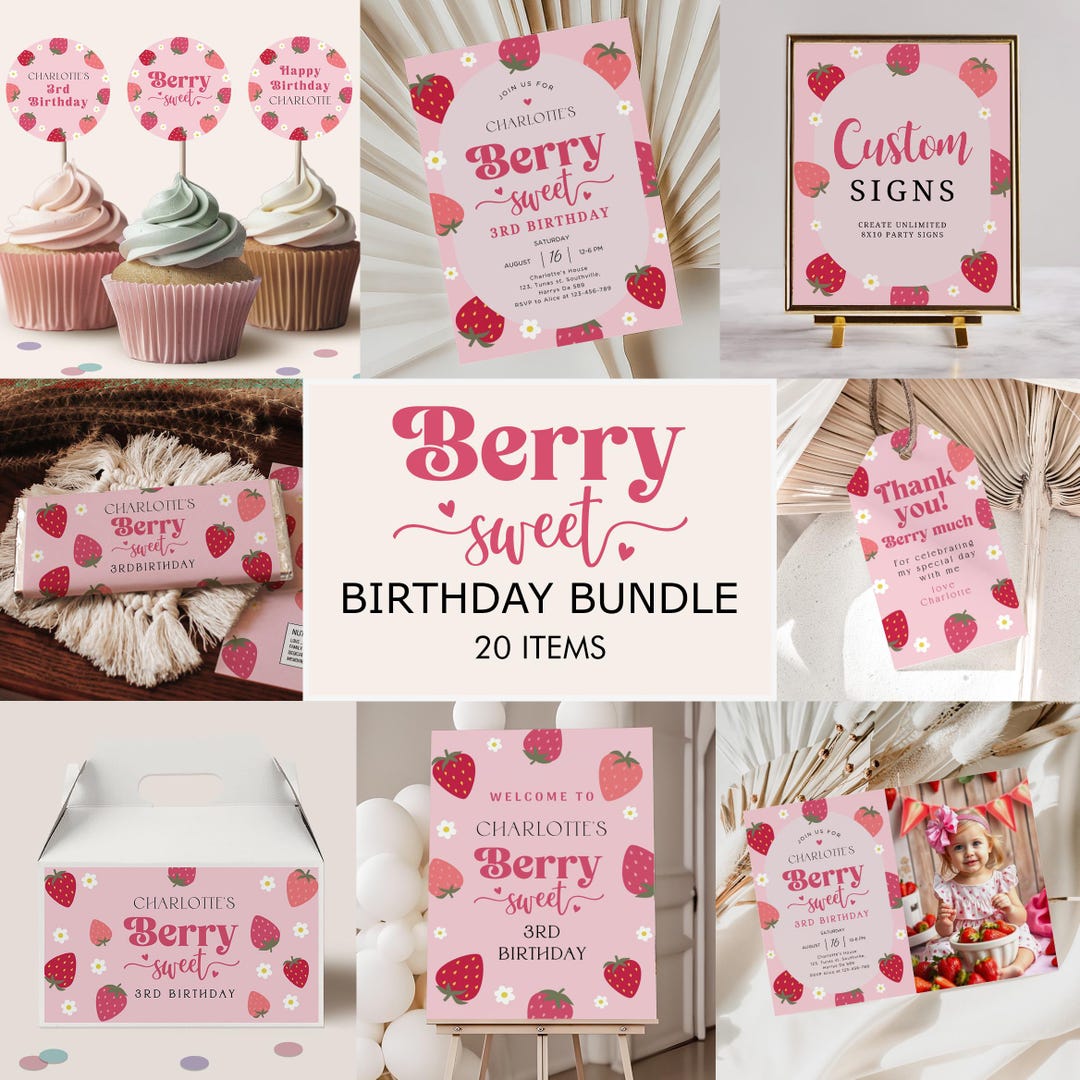 Berry Sweet Birthday Invitation Bundle, Strawberry Party Perfect for ...