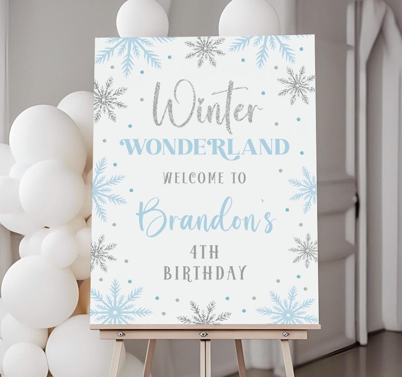 Editable Winter Wonderland Welcome Sign Snowflakes Blue and Silver ...