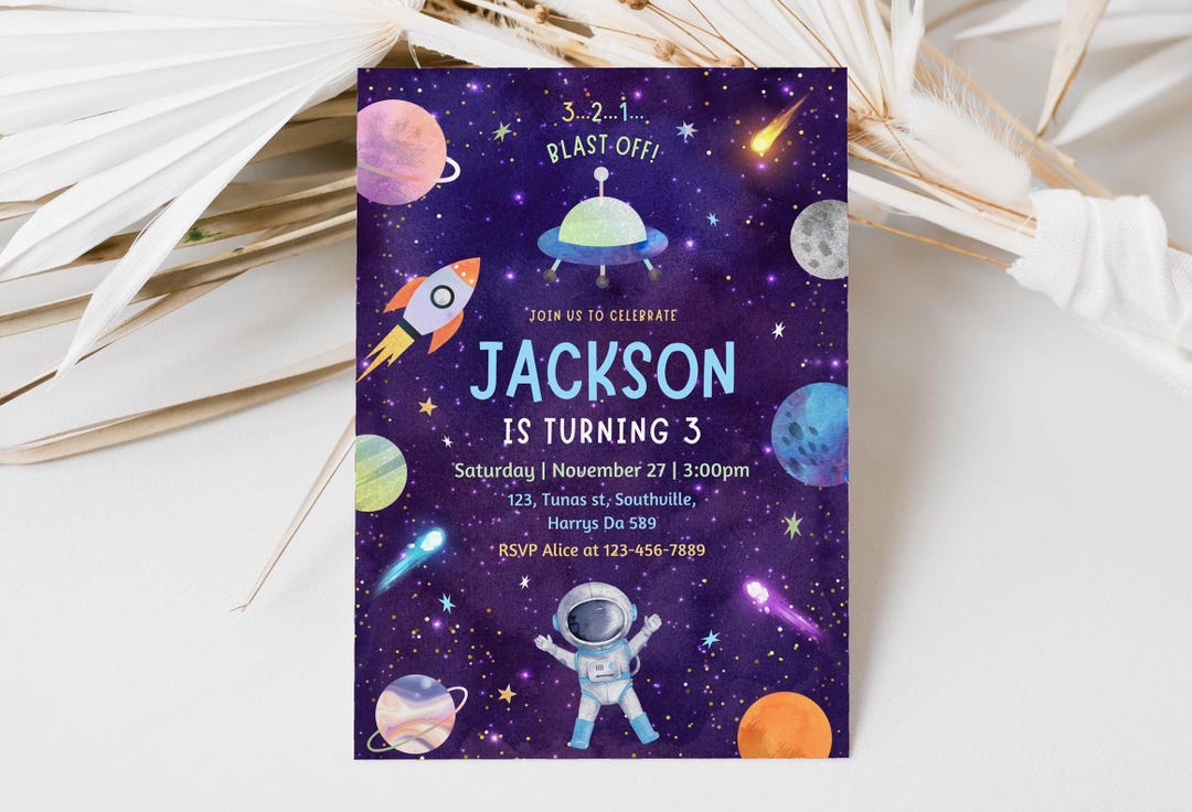 Outer Space Birthday Invitation Template, Planets Rocket Ship Astronaut ...