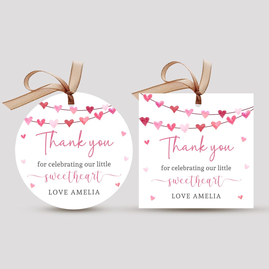 Valentine Thank You Tag Template, Red Pink Hearts Favor Bag Label ...