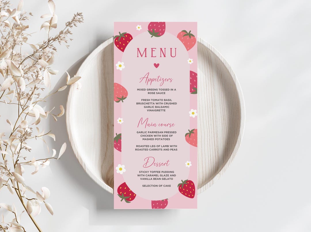 Berry First Birthday Menu Template Strawberry Birthday Editable 1st ...