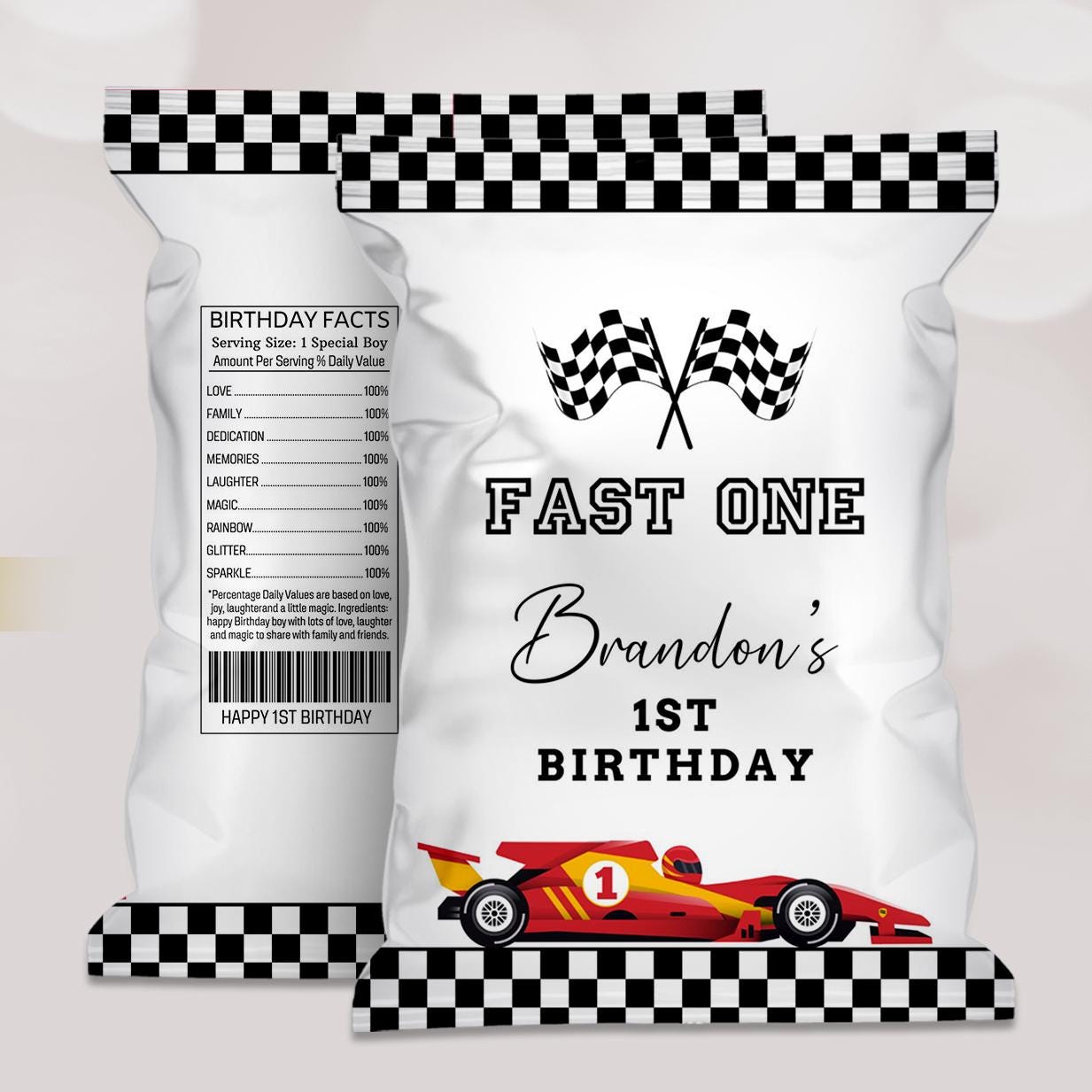 Fast ONE Race Car Chips Bag, Juice Bags, Water Bottle Labels, Racing ...