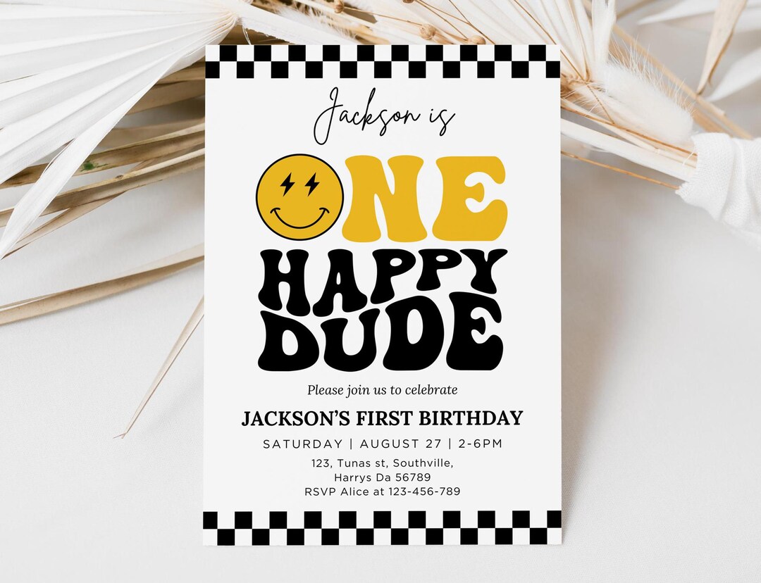 One Happy Dude 1st Birthday Invitation, Retro Printable (digital ...