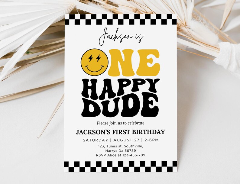 One Happy Dude 1st Birthday Invitation, Retro Printable (digital ...