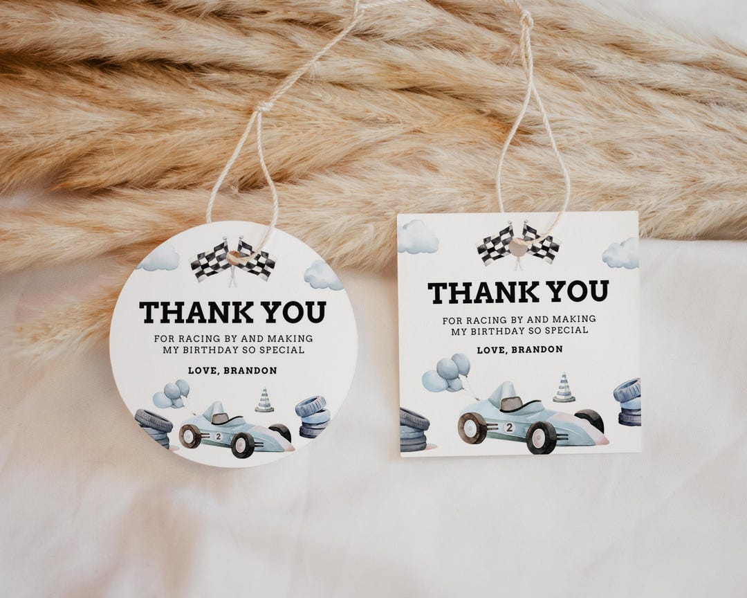 Race Car Thank You Label, Editable Template, Blue Race Car Party Favor ...