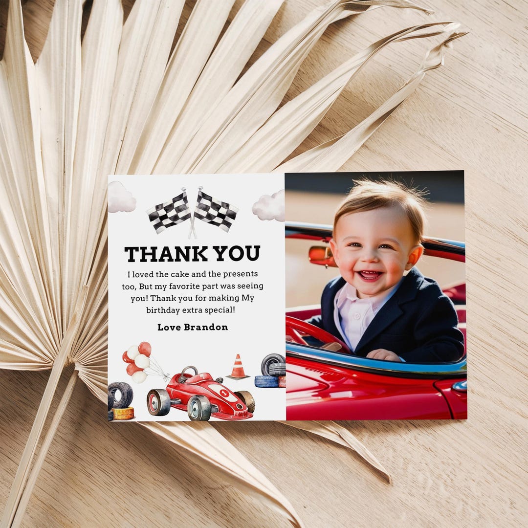 Racing Car Editable Birthday Thank You Card, Red Racing Car Thank You ...