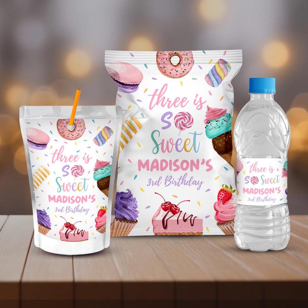 Three is so Sweet Birthday Party Favors Bundle, Pink Treats (printable ...