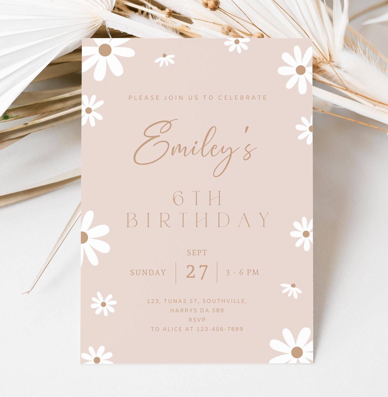 Editable Daisy Birthday Invitation Boho Daisy Invitation Olive Beige ...