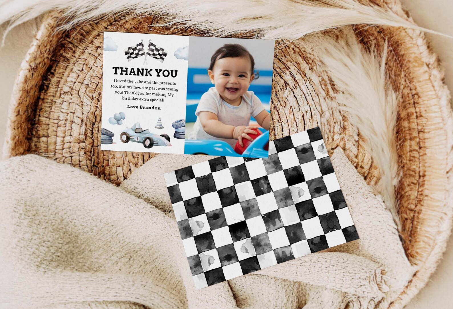Fast One Birthday Printable Thank You Card, Vintage Race Car Party ...