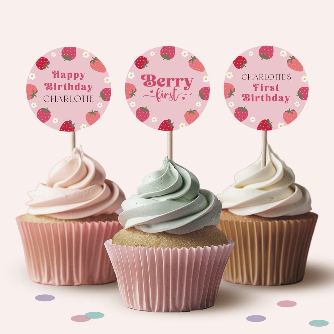 Strawberry Cupcake Toppers Berry First Birthday Editable Strawberry ...