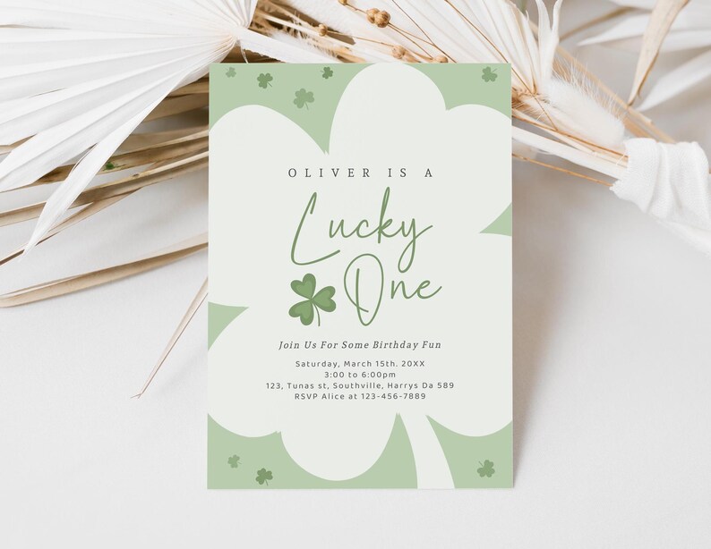 St Patrick's Day First Birthday Invitation, Lucky One Shamrock ...