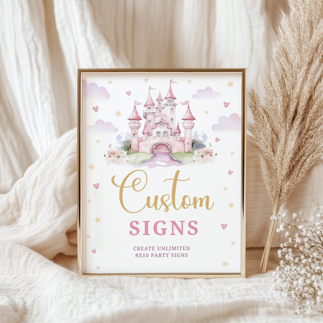 Custom Princess Castle Sign, Editable Text, Pink Gold Hearts (digital ...