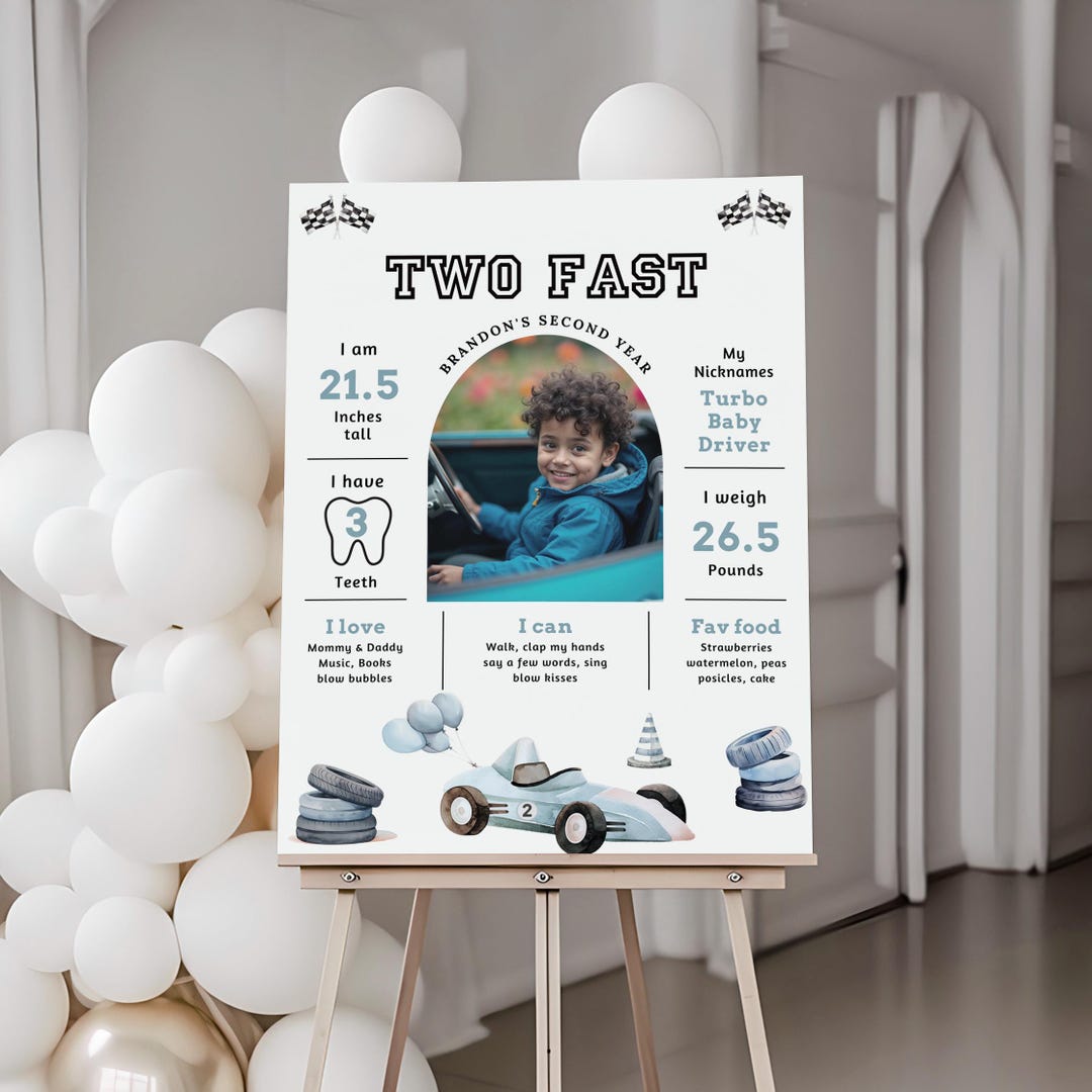 Racing 2nd Birthday Milestone Poster, Editable Two Fast B'day Sign ...