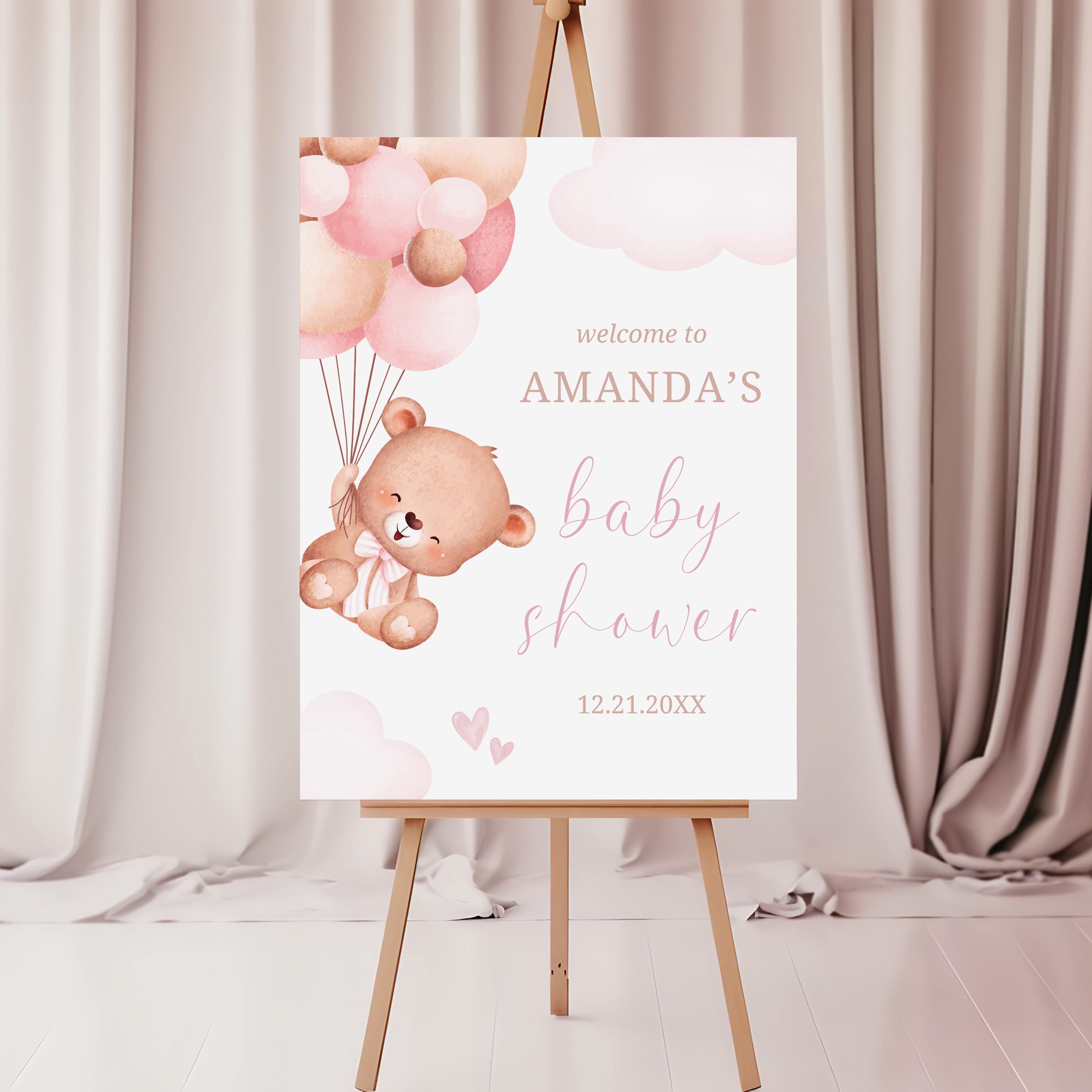 Bear Balloon Welcome Sign, Pink Bear Balloon Baby Shower Sign, Editable ...